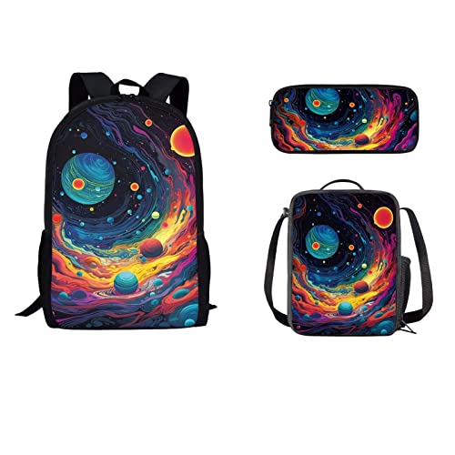 STUOARTE Cartoon Space Backpack with Lunch Box Planet Backpack for Girls Boys Kids Dreamy Outer Space School Backpack with Lunch Box and Pencil Bag, Preschool Elementary Student Bookbag