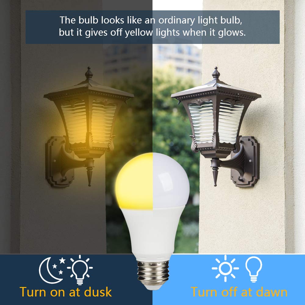 FAGUANGAO Dusk to Dawn Sensor Bug Light Bulb, A19 Yellow LED Bulb, 7W Equivalent 60W Auto On/Off Amber Light Bulb for Outdoor Backyard, Porch, Patio, Garage, 2000k, E26 Base, 4 Pack