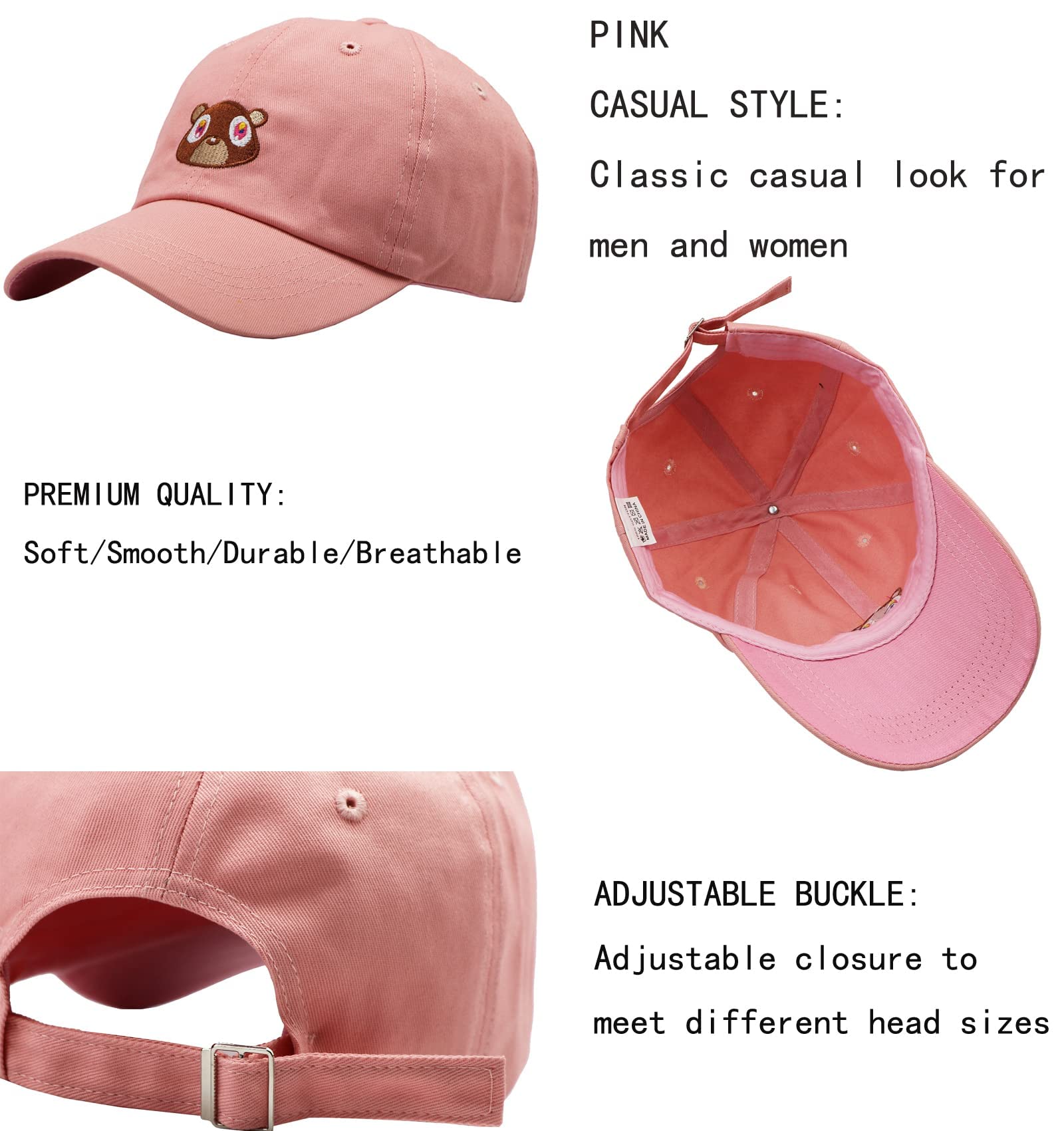 FGSS Mens Bear Print Adjustable Cotton Strapback Dad Hat Baseball Cap Pink