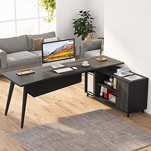 Tribesigns L-Shaped Computer Desk with File Cabinet, 78.74 Inch Large Executive Office Desk with Shelves, Industrial Business Furniture Desk Workstation for Home Office (Grey)