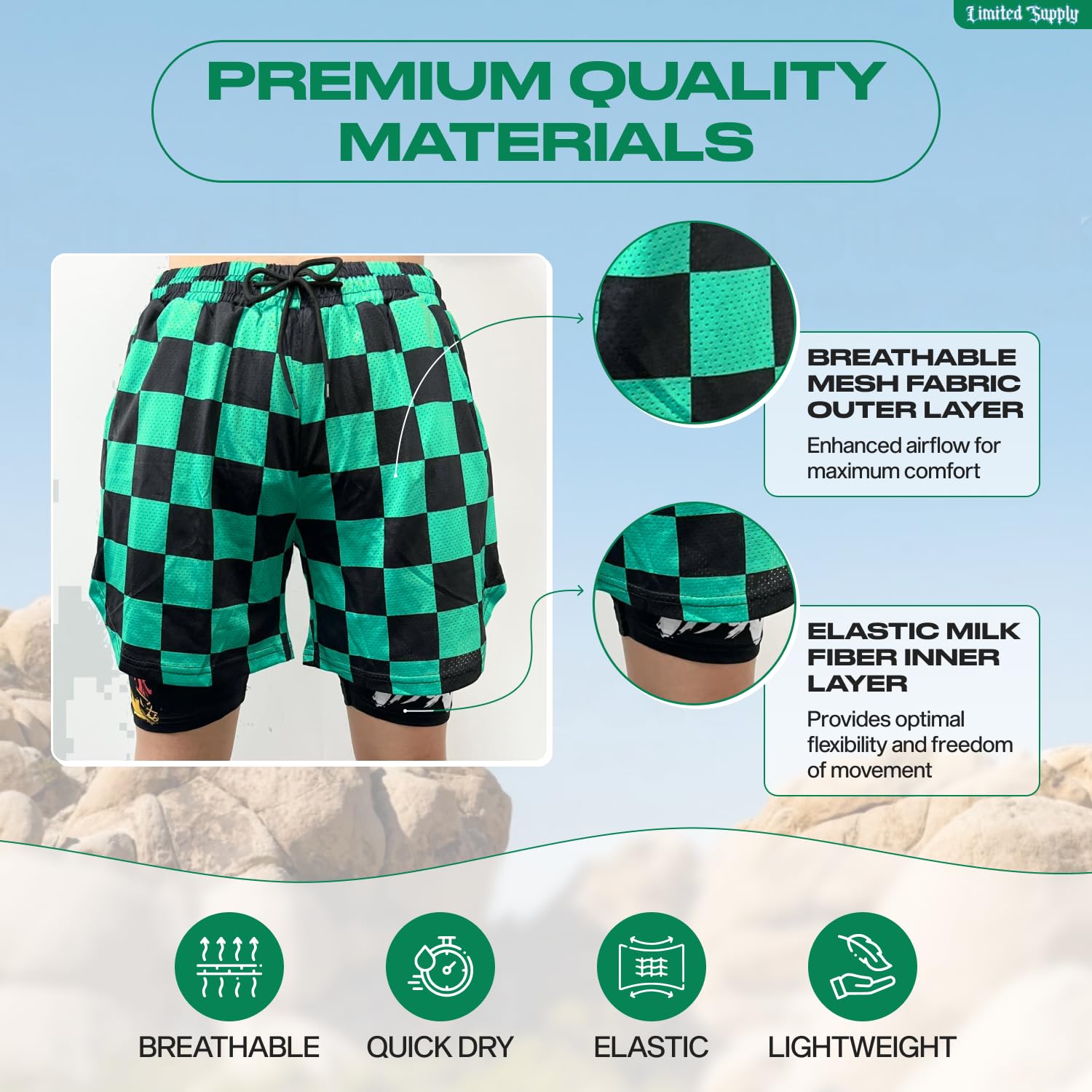FOR KINGS. BY KINGS CROWN LMTD SUPPLY Anime Shorts - Breathable Mesh Stretch Compression Gym Short with Pockets and Towel Holder (L-GreenT)