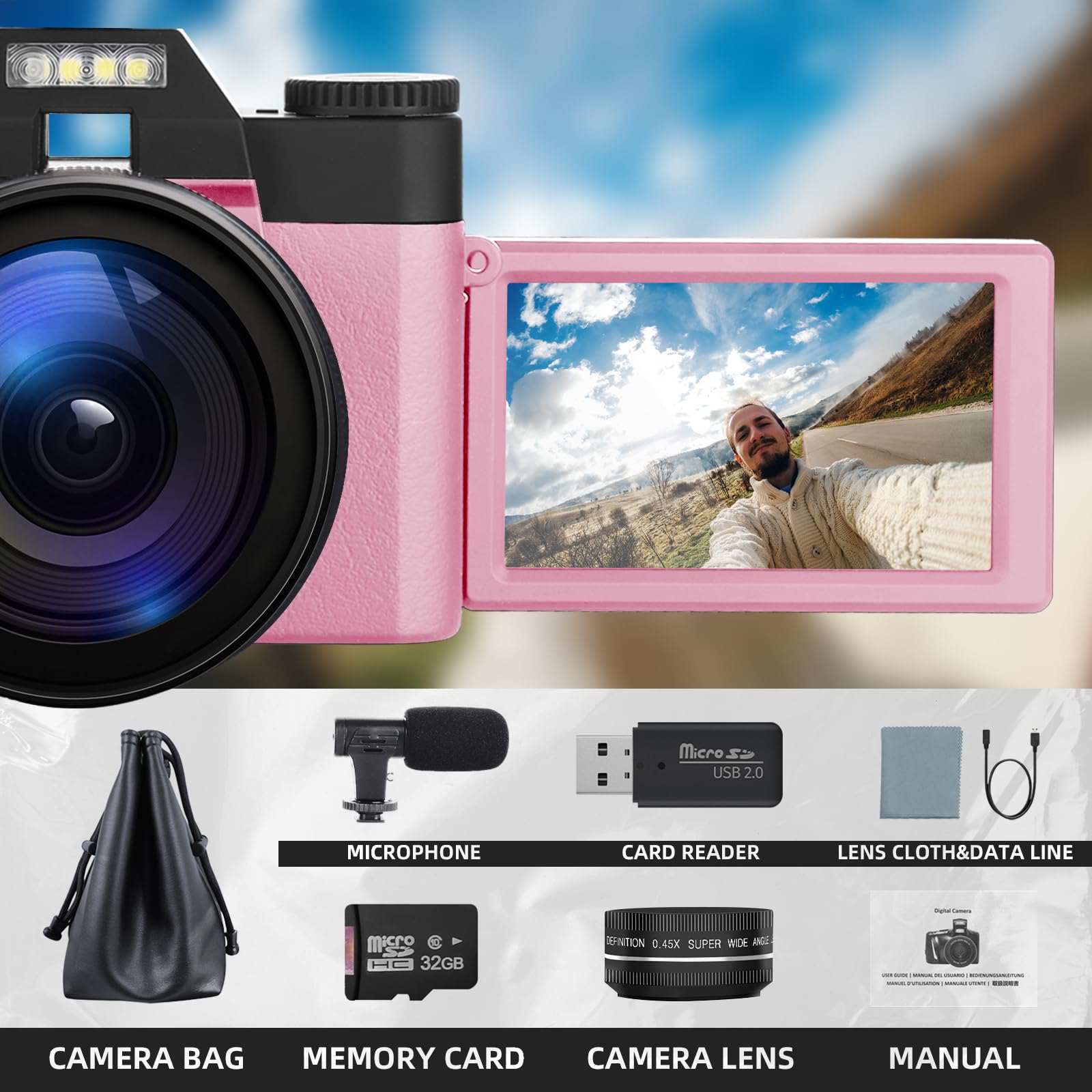 G-Anica Digital Cameras for Photography, 4K 48MP Video Camera, 16X Digital Zoom Vlogging Camera for YouTube, Travel Camera with 32GB SD Card and Wide Angle Lens Macro Lens(Pink)