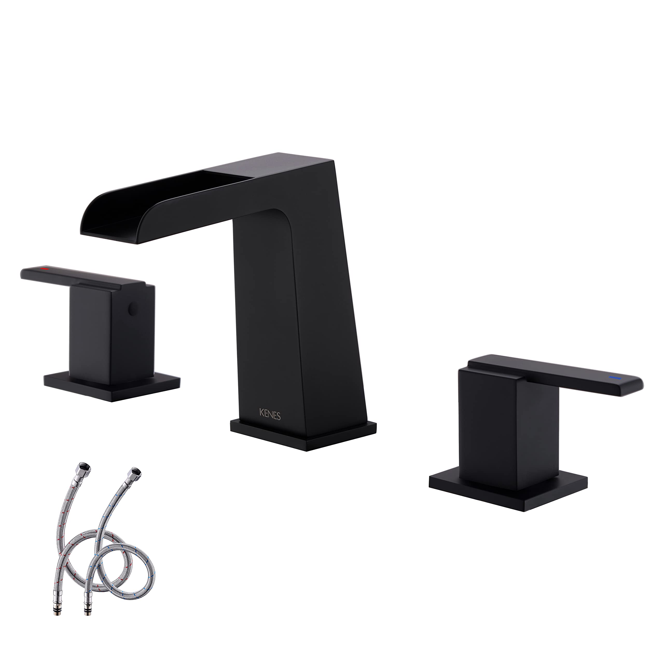 KENES Matte Black 8 Inch Waterfall Widespread Bathroom Faucet 3 Hole, Two-Handle Waterfall Bathroom Sink Faucet, Modern Bathroom Faucets with Supply Lines, KE-9052-2
