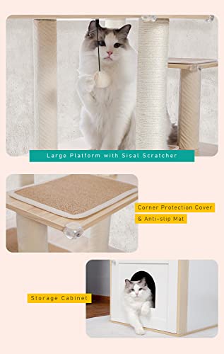 PETEPELA Modern Cat Tree Wood Cat Tower with Storage Cabinet Litter Box Enclosure and Spacious Cat Condo, Large Top Perch and Hammock, Sisal Covered Scratching Posts for Cats Beige