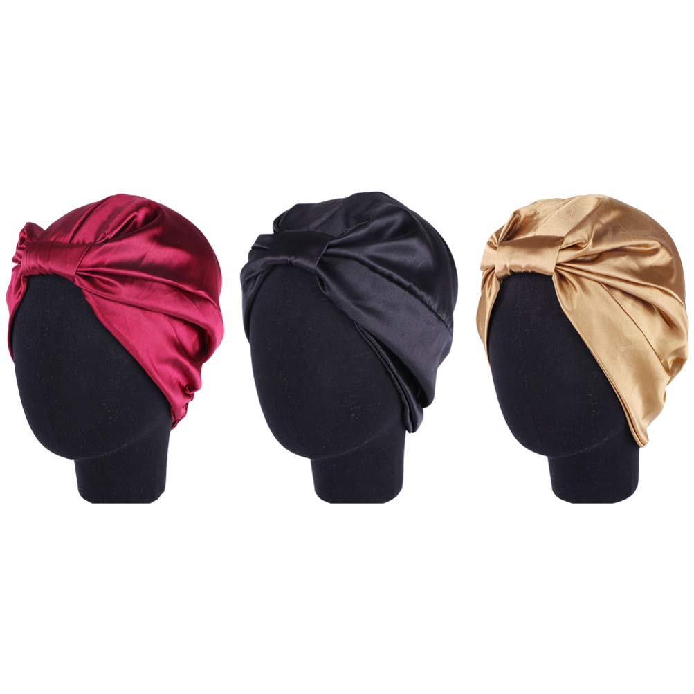 EXCEART 3pcs Satin Silk Lined Sleep Cap Beanie Hat Elastic Night Headwear Turban Sleep Cap Black Wine Red Khaki