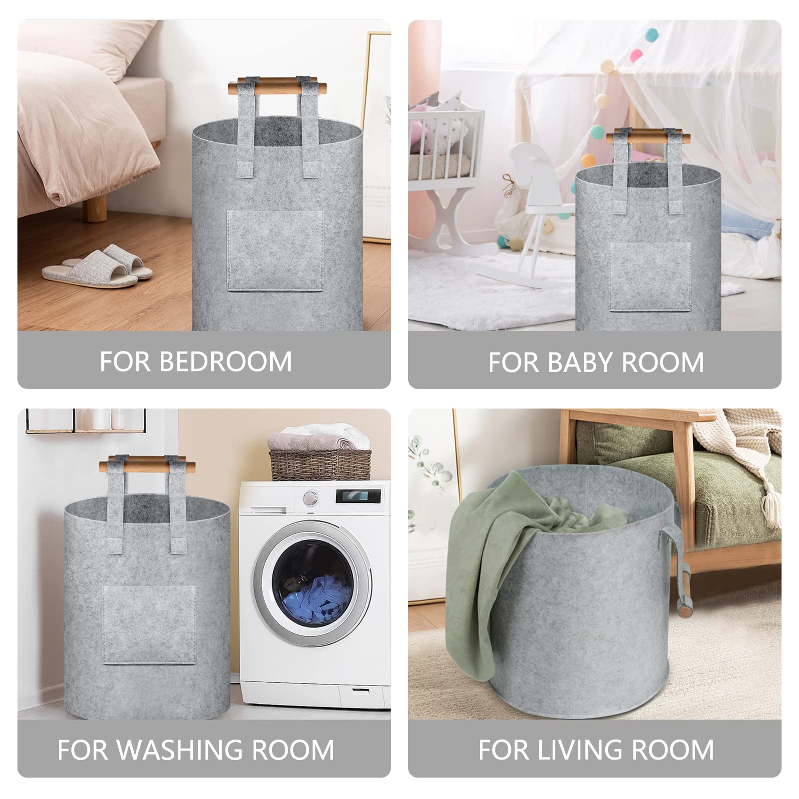 MAHAN Felt Laundry Basket, Large Capacity Dirty Laundry Hamper with Handles, Silver Gray Toys Storage Organizer Kids Laundry Hamper, Suitable for Children's Room/Bedroom/Laundry Room