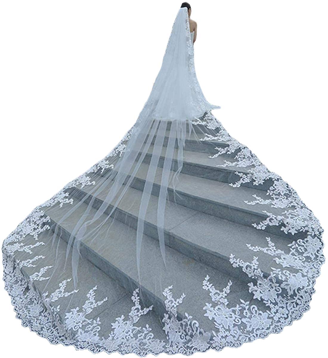 FAIOKAVER Wedding Veils Long Cathedral Full Floral Lace Egde 1 Tier with Comb…