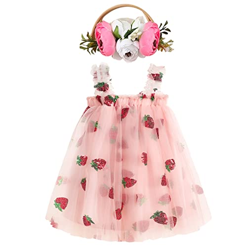 Toddler Baby Girls Tutu Dress Sleeveless Floral Print Layered Tulle Dress Little Girl Princess Dresses with Flower Headband (Strawberry, 1-2 T)