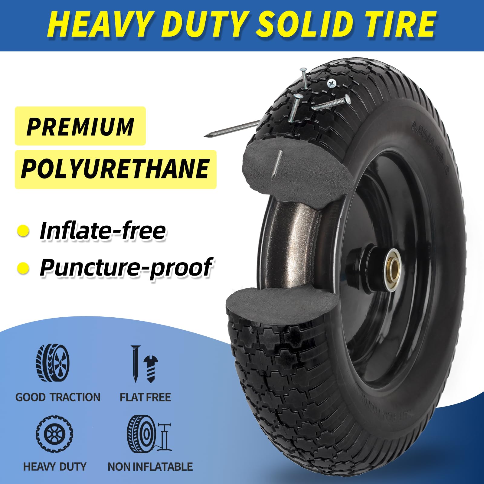 GICOOL 14.5" Wheelbarrow Tire, 3.50-8" Flat-free Solid Tire and Wheel with 5/8" Axle Bore Hole, 3-6" Centered Hub for Wheelbarrow Trolley Dolly Lawn Mover Go Kart Replacement