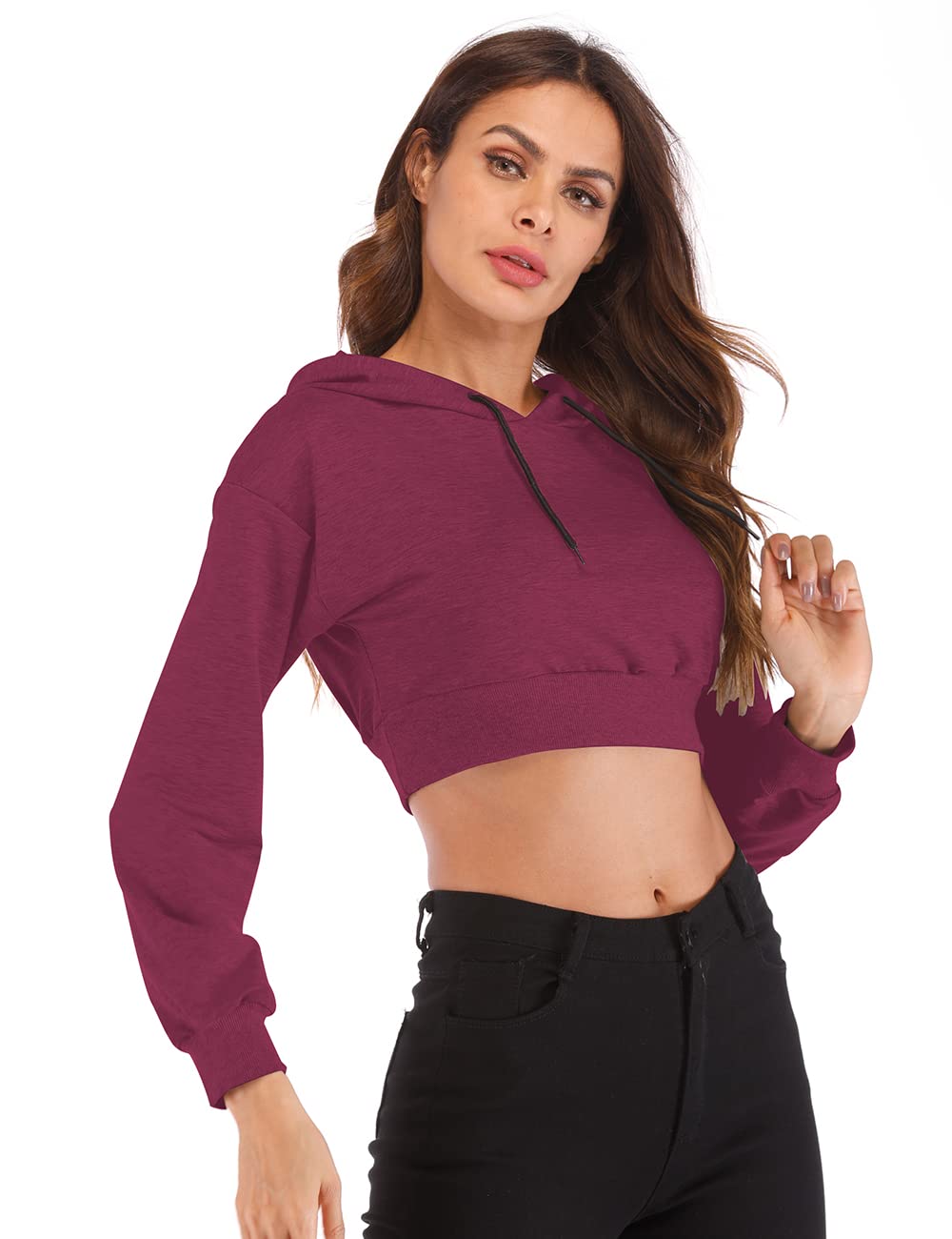 HIOINIEIY Women's Long Sleeve Pullover Crop Top Hoodie Workout Casual Cute Cropped Sweatshirt Dark Purple M