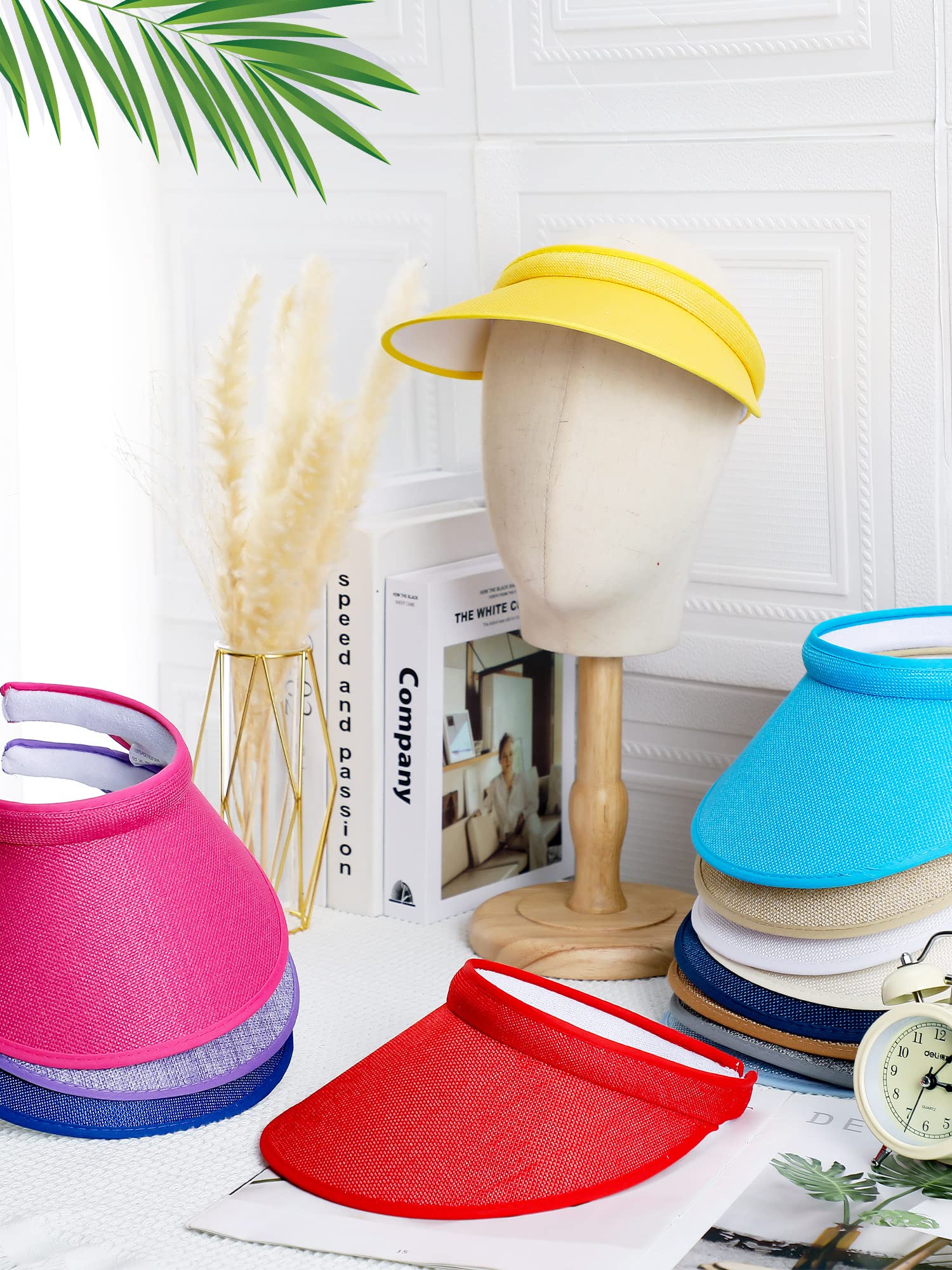 Giegxin 16 Pcs Clip On Visors Bulk for Women Straw Visor Beach Visors Adjustable UV Protection Hat Brim Clips Athletic Large Brim Visor Caps Face Protection Tanning Bed Hat for Tennis Baseball Golf