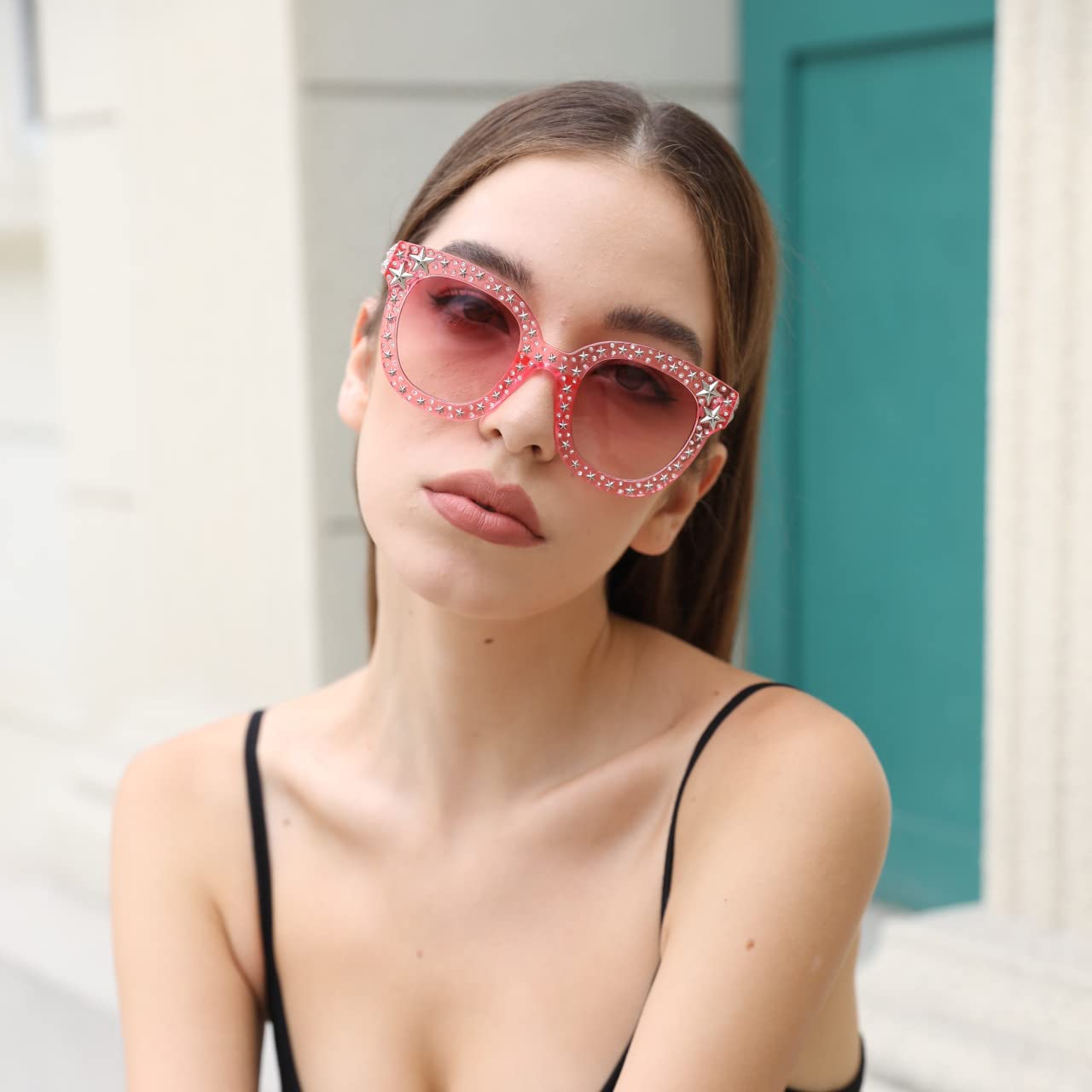 FEISEDY Women Vintage Cateye Crystal Rhinestone Star Sunglasses Novelty Glitter Shades B4068