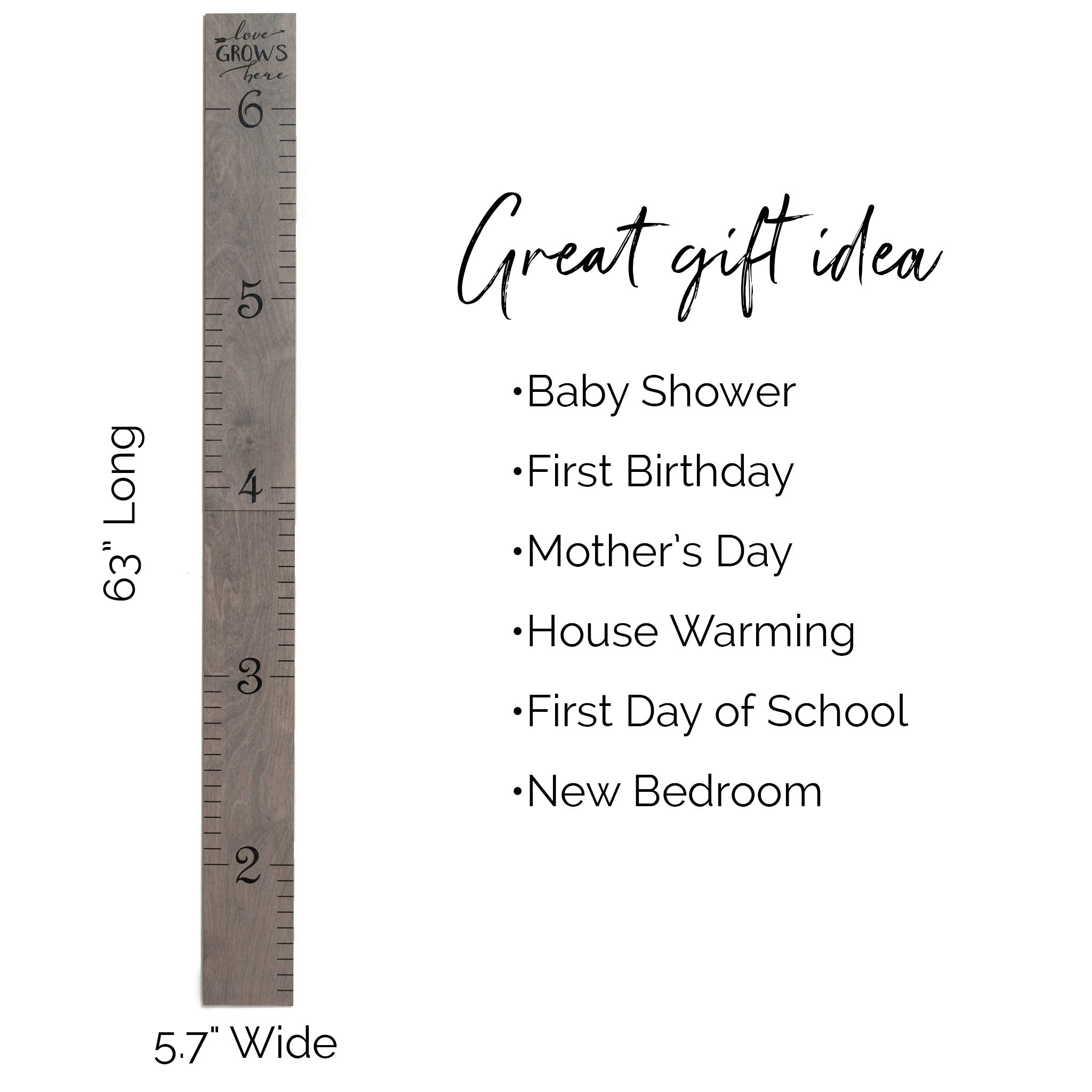 Headwaters Studio Height Ruler for Wall - Child Height Wall Chart, Height Chart for Kids Growth Chart for Wall Growth Chart Wood, Wooden Growth Chart for Wall - Love Grows Here Skinny Gray - 63"x5.75"