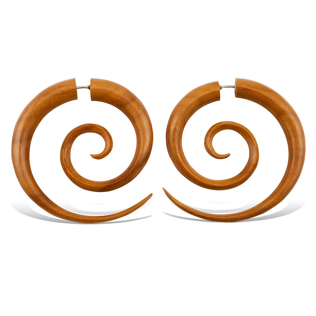 Fake Gauges Wooden Earrings Super Spirals L/Tan Sabo Wood