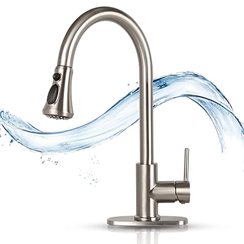 Kitchen Sink Faucet,Hans D'blanc Single Handle Single Hole Brushed Nickel Kitchen Faucet with Pull Down Sprayer 3 Modes for Kitchen RV Bar Sink,Included Deck Plate for Single or 3 Holes