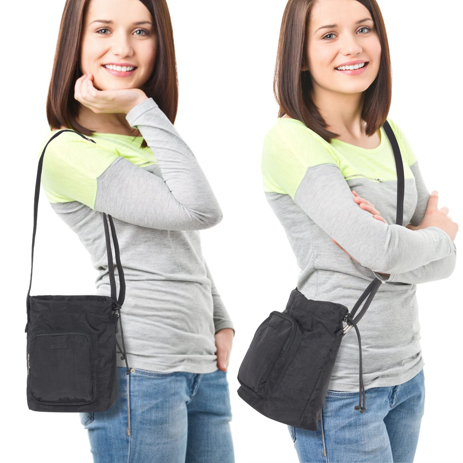 Lily queen Small Drawstring Crossbody Bag for Women Nylon Bucket Purse Lightweight Black