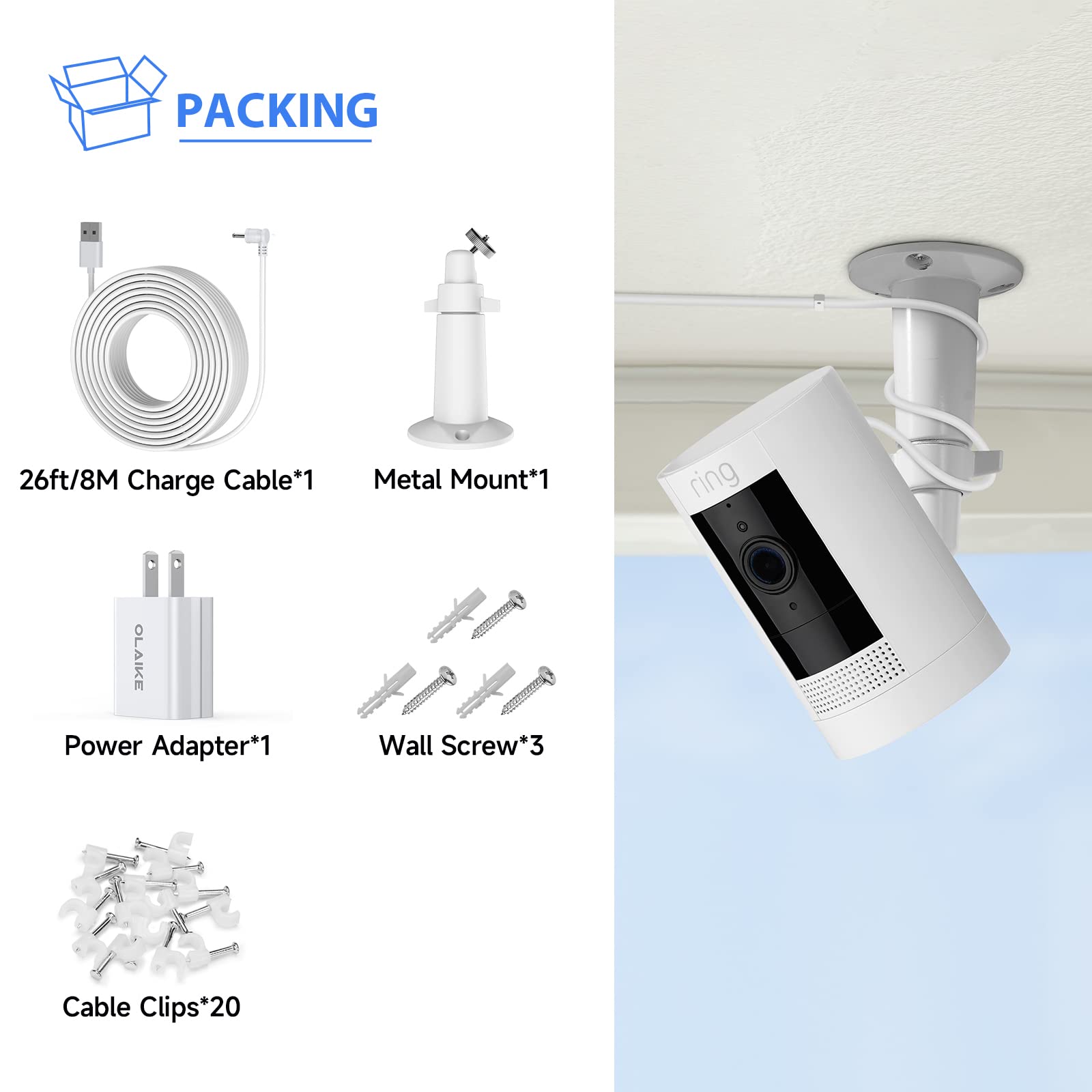 OLAIKE Power Adapter with Metal Mount Plug in Charger for Stick Up Cam Battery, (5m/ 16ft) Waterproof Charging Cable Bundle with 360 Degree Angle Adjustment Bracket, White