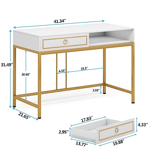LITTLE TREE Drawers Computer Desk, 43.31β W x 21.65β D x 31.5βH, White and Gold