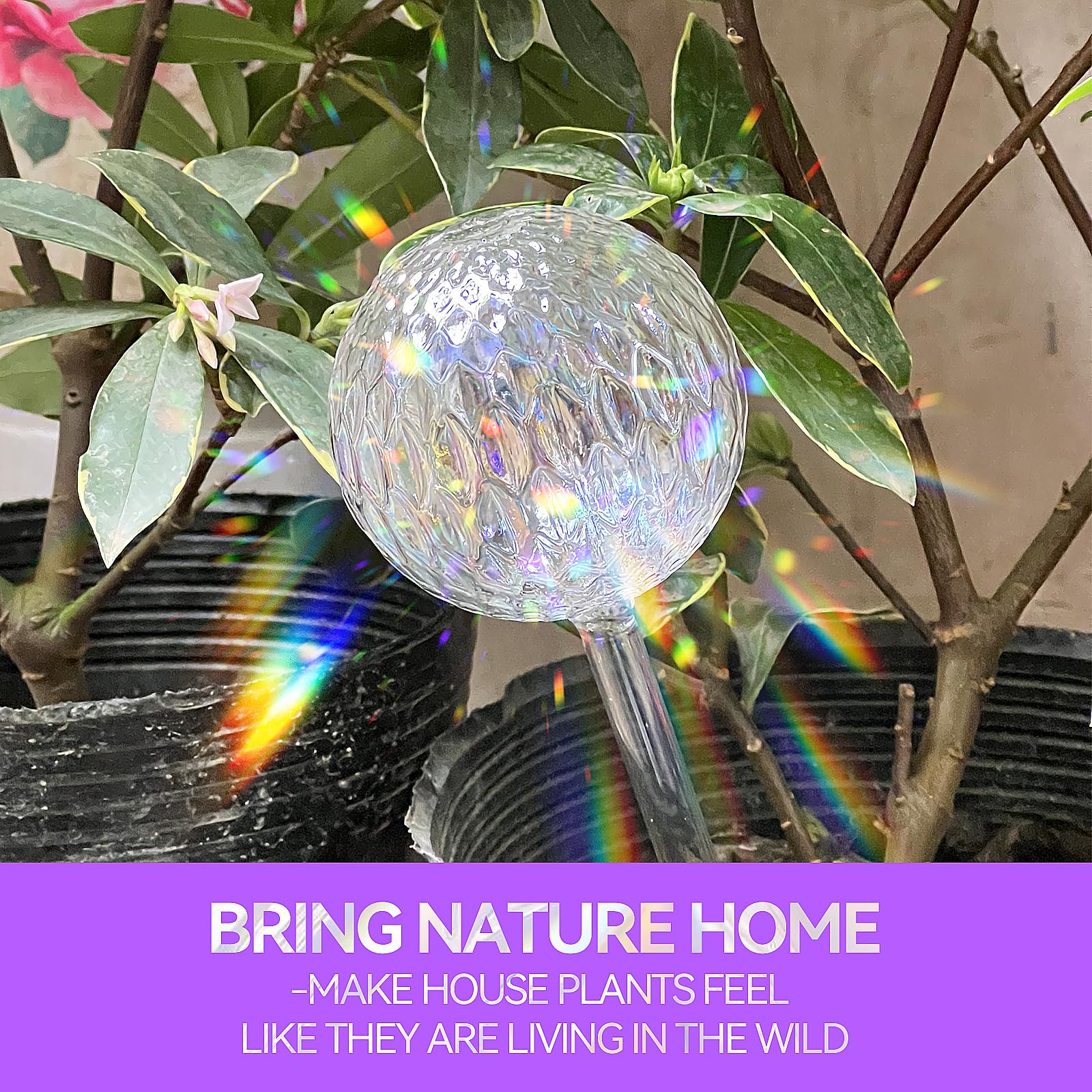 KBCSUN 2pcs Plant Watering Globes, Patterned Glass Iridescent Rainbow Gradient, Auto Waterer Self Watering Planter Insert Stakes, Plant Accessories Indoor