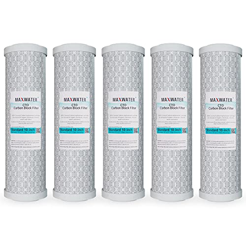 Max Water CTO 1 Micron,10" x 2.5" Replacement Filter Cartridge, Coconut Shell Carbon Block for Whole House Water Filtration System and Standard RO (Reverse Osmosis) Filters - Pack of 5
