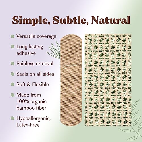 FEBU Eco-Friendly Organic Bamboo Fabric Bandages for Sensitive Skin | PFAS Free Flexible Latex Free Bandages | Natural Hypoallergenic Bandages for Scrapes, Cuts & First Aid | 75 Count Variety Pack