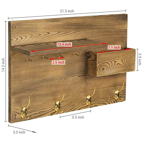 MyGift Wall Mounted Solid Burnt Wood Entryway Key and Mail Holder Organizer Storage Rack with Display Shelf and 8 Hooks
