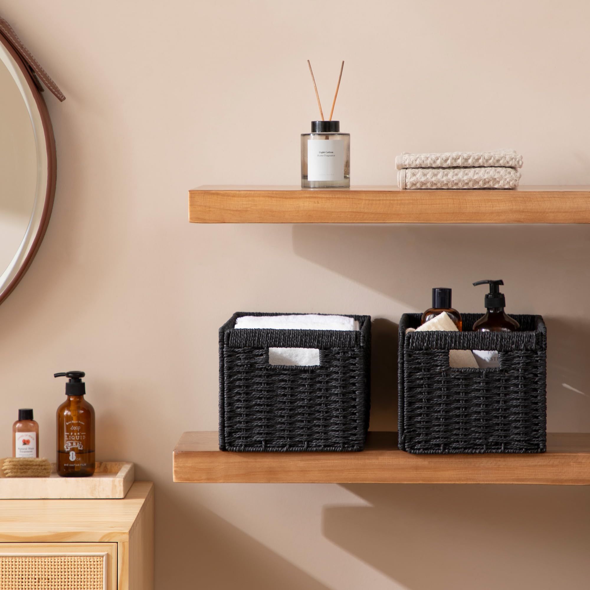 UBBCARE 2 Pack Wicker Basket, 13.4L×8.3H×7.1W inch Woven Paper Rope Storage Baskets for shelves, Foldable Rectangular Storage Baskets with Handle, Storage Basket for Organizing, Black
