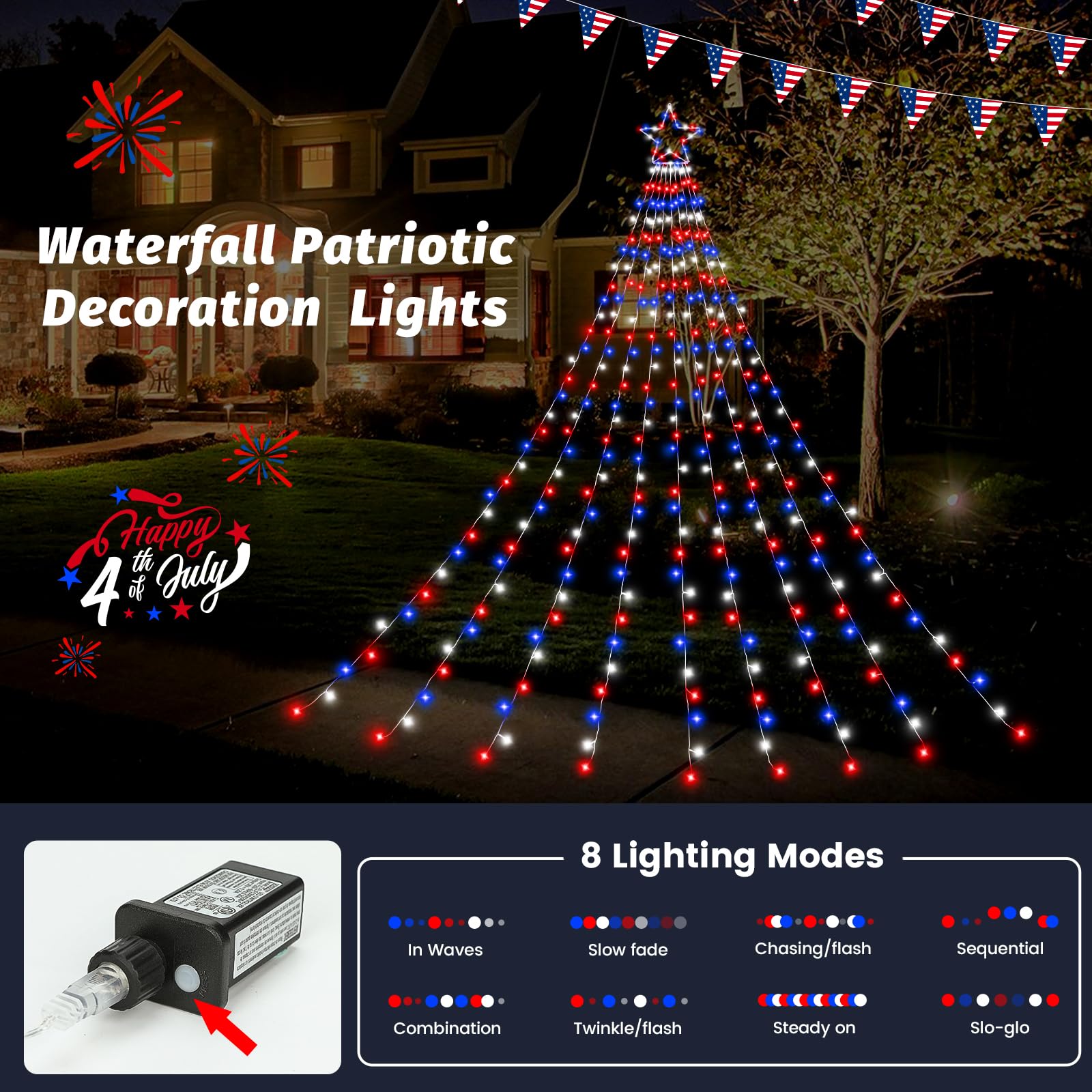 FUNIAO Christmas Decoration Lights, 320 LED Star String Lights Tree Topper Lights with 12" Star for Yard, Garden, New Year, Wedding, Party - Red&Green