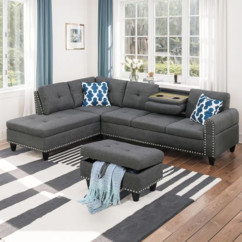 UBGO Sectional Couches for Living Room Furniture Sets,L-Shaped Couch w/Cup Holders,Line Nailhead Trim Sofas with Storage Ottoman and Chaise Lounge for Small Space Apartment-Gray