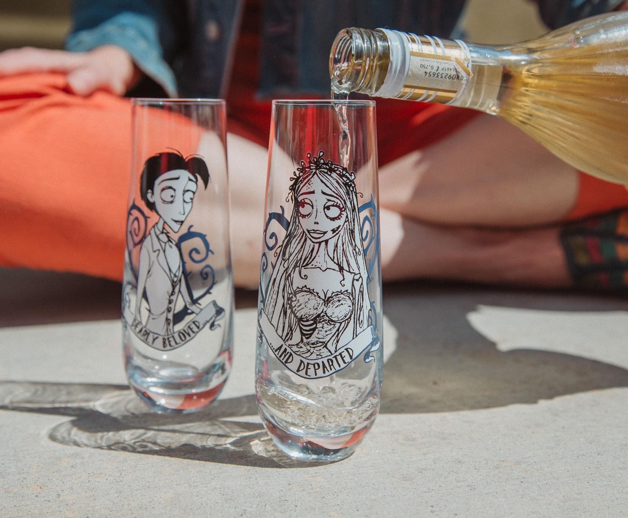 Silver Buffalo Tim Burton's Corpse Bride Dearly Beloved 9-Ounce Stemless Fluted Glassware, Set of 2 | Toasting Champagne Glass Cups For Wine, Mimosas, Cocktails