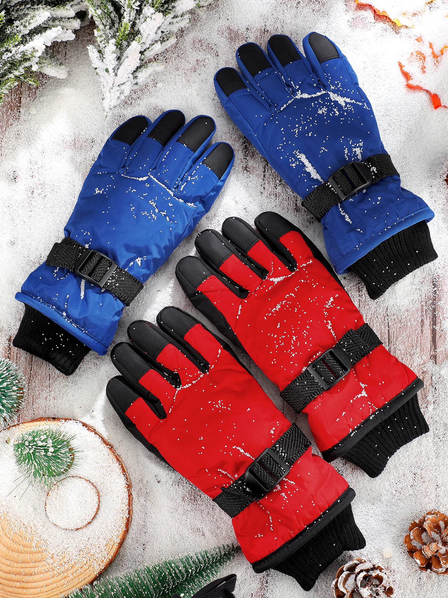 Eurzom 2 Pairs Kids Winter Gloves Waterproof Ski Gloves Windproof Warm Unisex Ski Gloves Warm Snow Gloves with Hook and Loop(Red, Blue, for 6-13 Years)