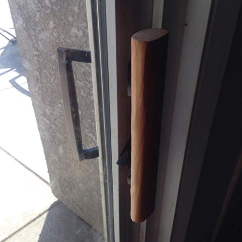 Sliding Glass Patio Door Handle Set Oak Wood Interior Handle and Exterior Pull in White Diecast Finish+Mortise Lock 45° Keyway Fits 3-15/16” Screw Hole Spacing, Non-keyed with Latch Locks