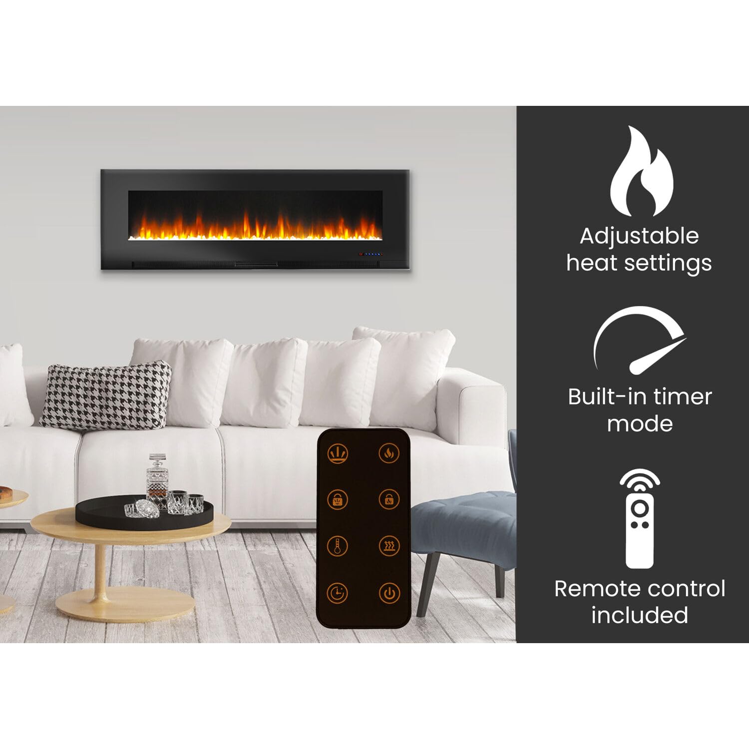 Hanover Fireside 60'' Wall Mounted Electric Fireplace with Crystal Rock Display and LED Multi-Color Realistic Flame, Modern Wall Fireplace Heater for Home and Office with Remote Control in Black