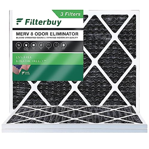 Filterbuy 20x25x1 Air Filter MERV 8 Odor Eliminator (3-Pack), Pleated HVAC AC Furnace Air Filters Replacement with Activated Carbon (Actual Size: 19.50 x 24.50 x 0.75 Inches)