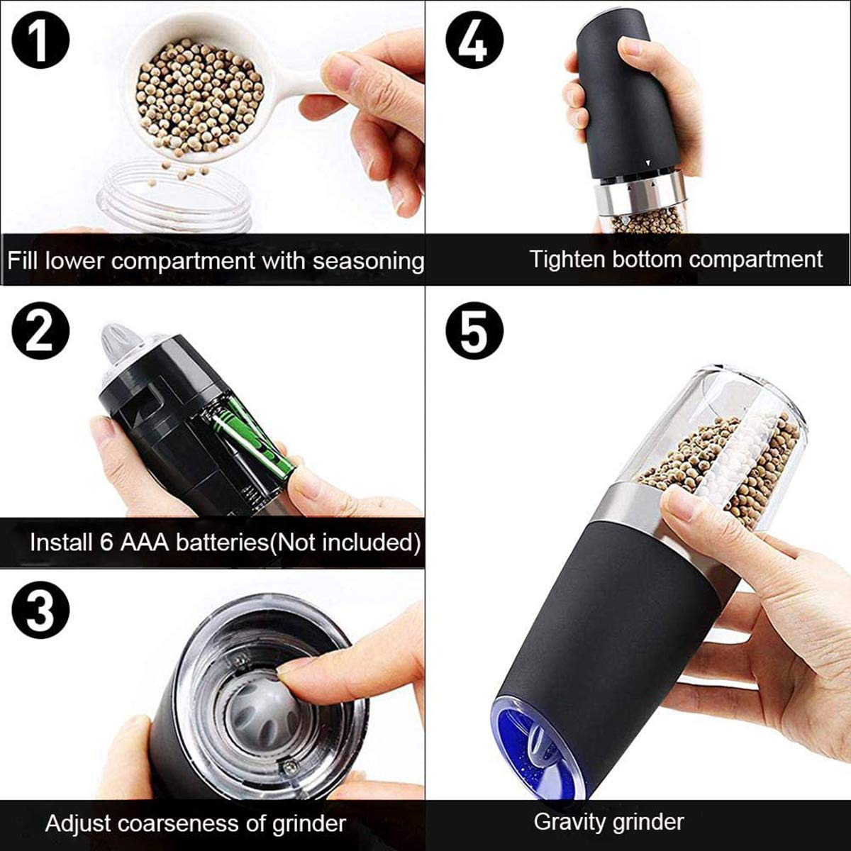 Joseky Black Electric Salt And Pepper Grinder , Pepper Mill Grinder with Adjustable Coarseness, Blue Led Light, One Hand Operated Suitable for Solid Seasoning Such As Sea Salt, Spices(2-pcs)