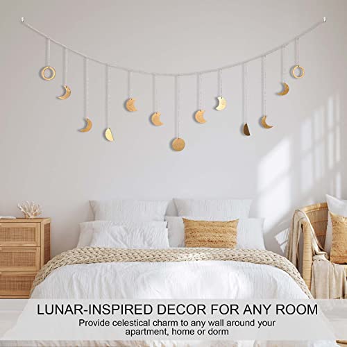 Moon Phase Wall Decor with LED String Light, 13 Gold Hammered Wood Boho Wall Hanging Decor Mood Garland 56'' - Celestial Phases Moon Decor in Bohemian Style for Bedroom Home Living Room Gift