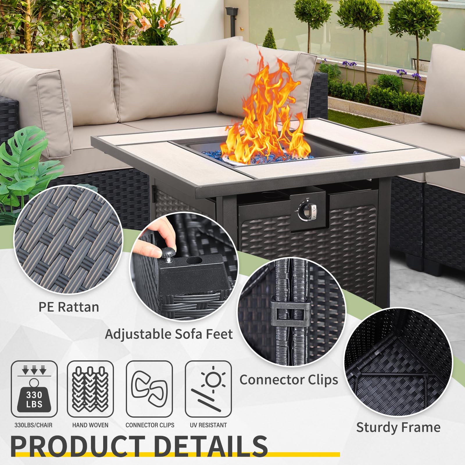Outdoor Patio PE Wicker 5 Piece Furniture Set, Black Rattan Sectional Conversation Sofa Chair with Square Propane Fire Pit Table, Khaki Cushion