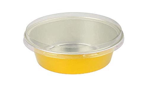 KitchenDance Disposable Colored Aluminum Foil Baking Pan with Lid - 5 Ounces Heavy Duty Baking Cups Perfect for Desserts, Creme Brulee, Flan, Mini Cakes - Pack of 100#A41 (Gold, Flat Lids)