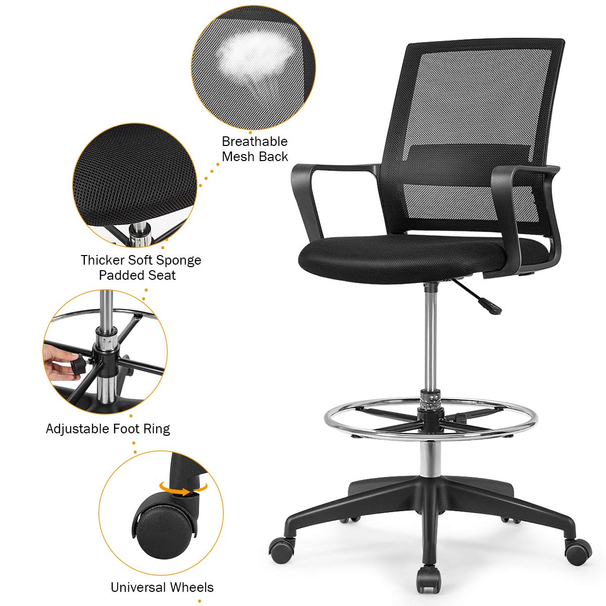 Giantex Mesh Drafting Chair, Tall Office Chair with Adjustable Foot Ring for Standing Desk, Swivel Mid Back Mesh Computer Chair w/Lumbar Support, Adjustable Height, Sturdy Home Office Furniture