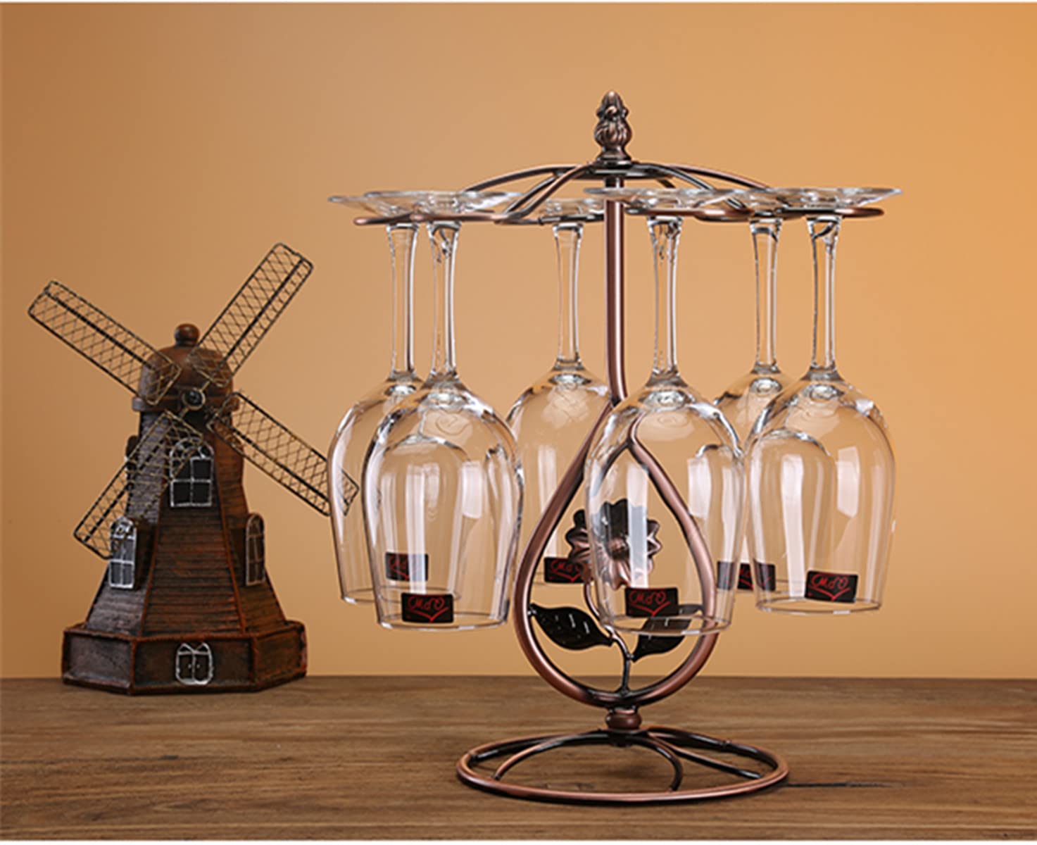 Homya Wine Glass Holder, Elegant Freestanding Table Top Goblet Storage/Wine Glass Holder with 6 Hooks Kitchen Glass Accessories for Home Bar, Bronze