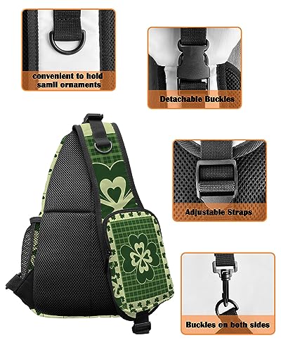 Sling Backpack, St. Patrick's Day Lucky Shamrock Green Check Waterproof Lightweight Small Sling Bag, Travel Chest Bag Crossbody Shoulder Bag Hiking Daypack for Women Men