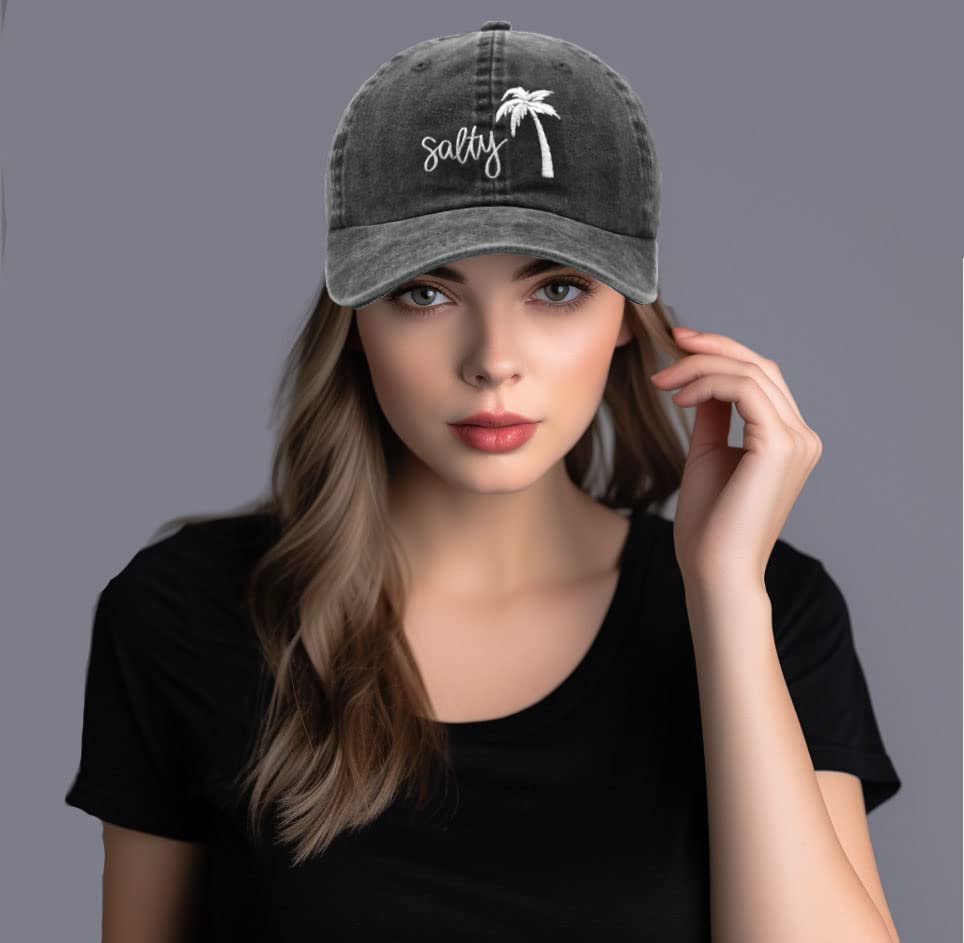 MINYJHZ Salty Palm Tree Hat for Men Women, Adjustable Summer Beach Baseball Cap Black