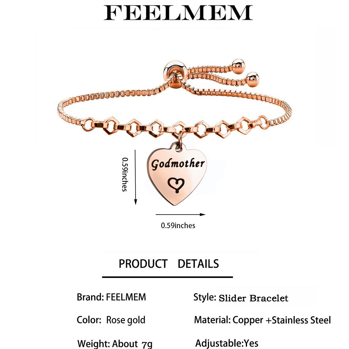 FEELMEM Godmother Bangle Bracelet,Goddaughter Bangle Bracelet,Baptism Gift for Godmothers/Goddaughters (Godmother Slider RG)