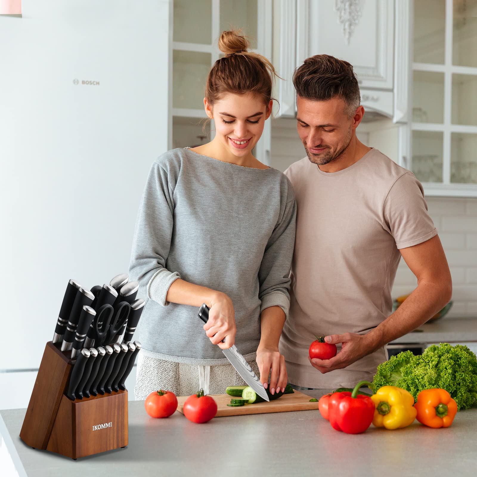 Knife Sets, IKOMMI Knife Set with Block, 23 Piece Chef Knife Set with Block for Kitchen, German High-Carbon Stainless Steel Kitchen Knife Block Set with Sharpener & 8 Steak Knives