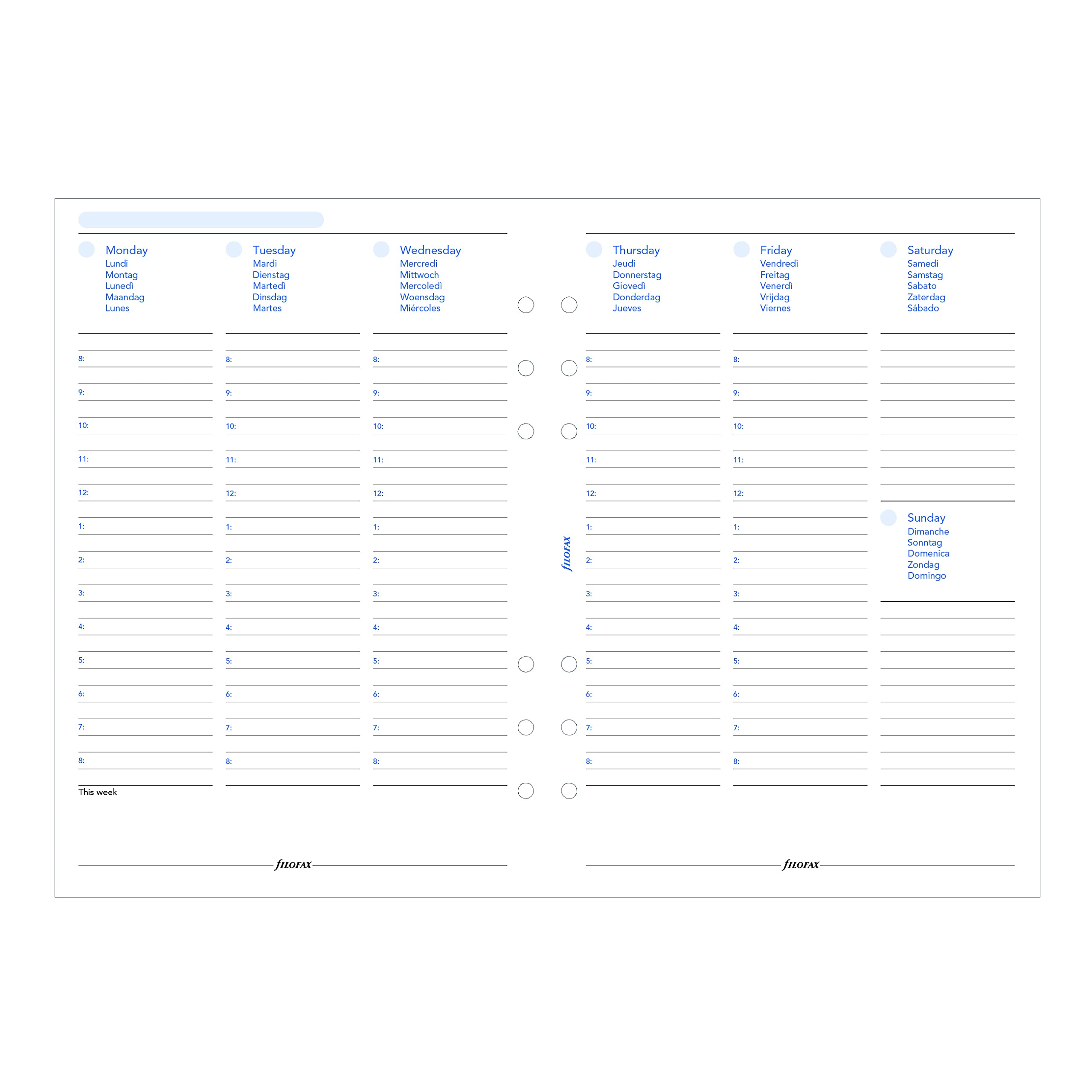 Filofax Refill, A5 Size, Week-to-View with Appointments, White Paper, Undated, Multilingual: Six Languages, Any Year, 5.75 inches X 8.25 inches, (CAY68514-2019)