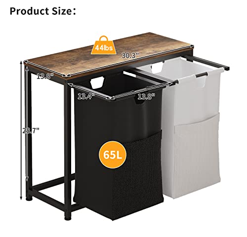 LIVEHOM Laundry Basket Double Laundry Hamper with Removable Bags, Fabric Handles, Large Top Shelf and Laundry Bag for Bathroom, Dorm, Laundry Room
