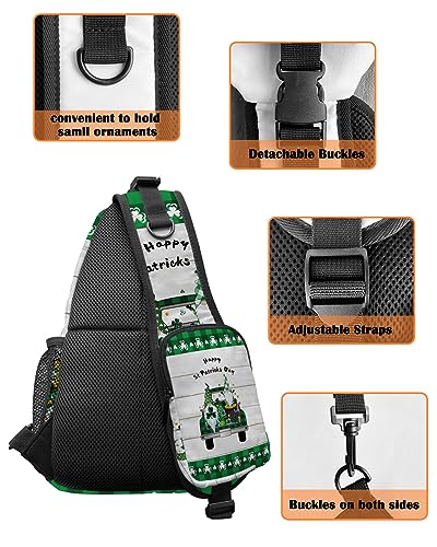 Sling Backpack, St. Patrick's Day Truck Pull Gnomes on Rustic Wood Grain Waterproof Lightweight Small Sling Bag, Travel Chest Bag Crossbody Shoulder Bag Hiking Daypack for Women Men