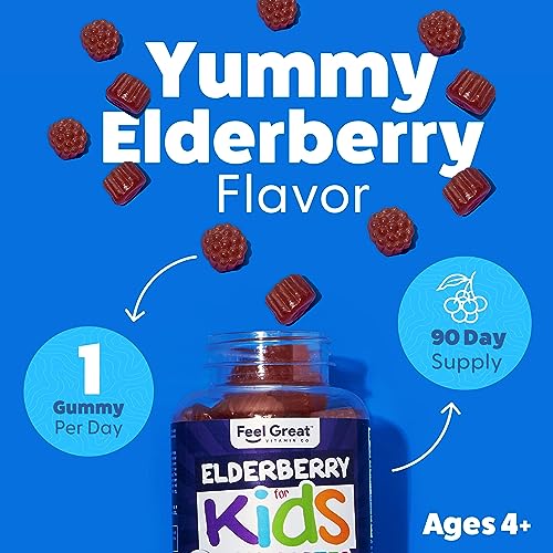 Feel Great Kids Elderberry Gummies with Zinc and Vitamin C | Kids Immune Support Sambucus Elderberry Gummies | Berry Flavored Vegan Kids Multivitamins | 90 Day Supply