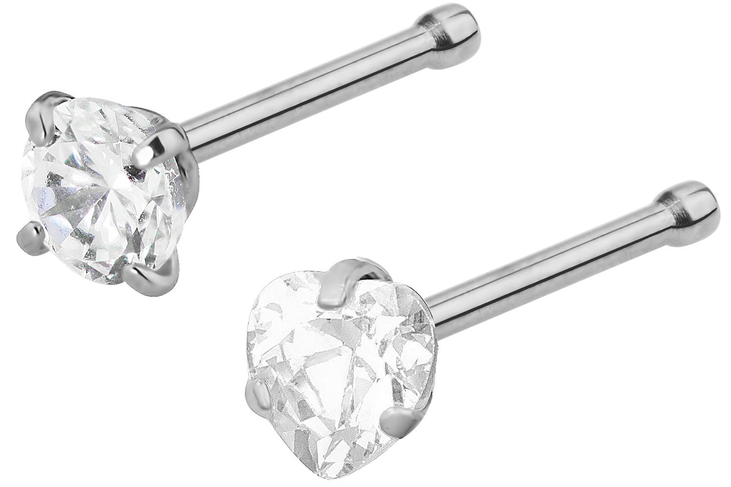 Forbidden Body Jewelry Set of 2 Straight Nose Studs: 20g Surgical Steel Round & Heart Shaped Clear CZ Crystal Nose Rings