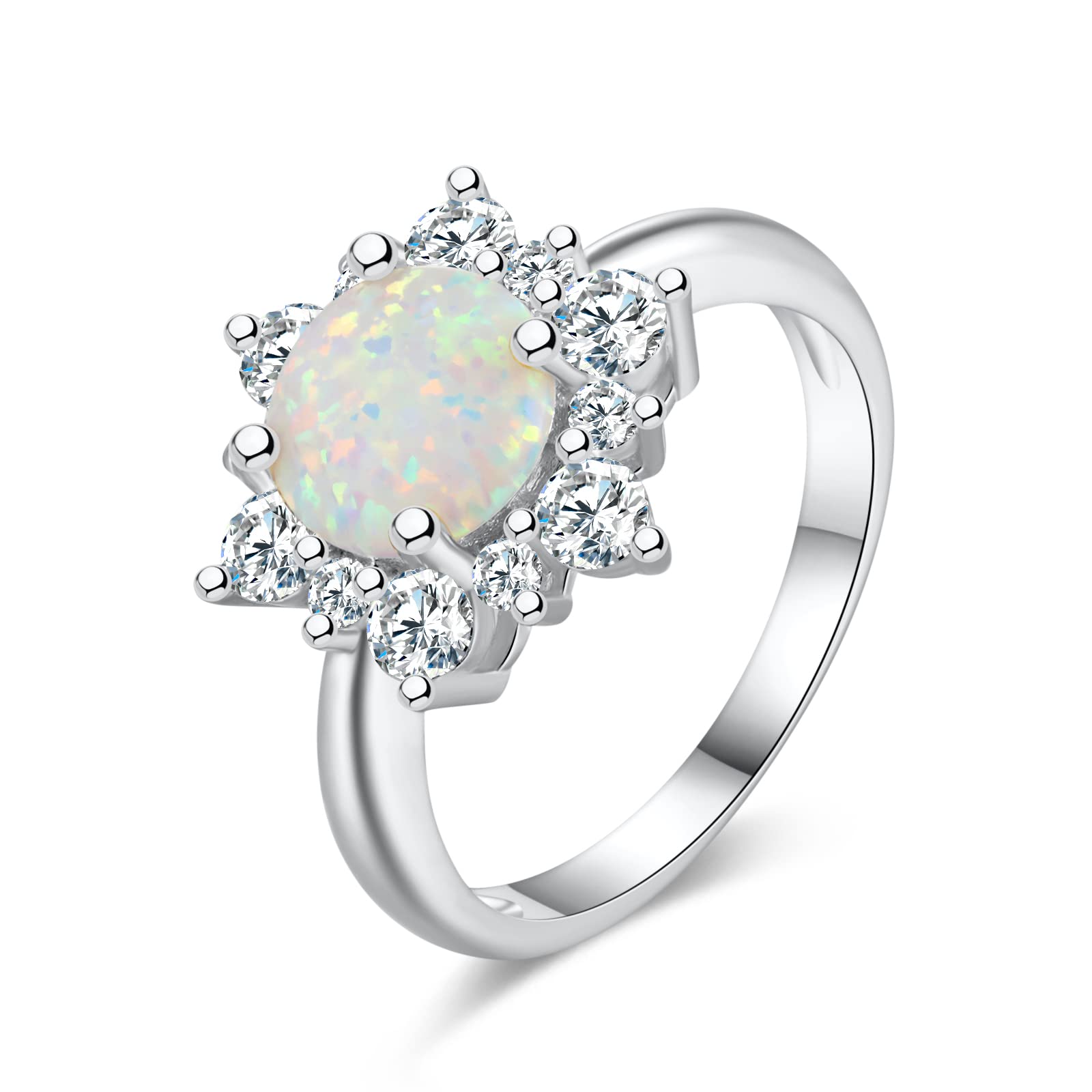FEELDAN White Gold Plated Cubic Zirconia & Fire Opal Prong Setting Birthstone Rings